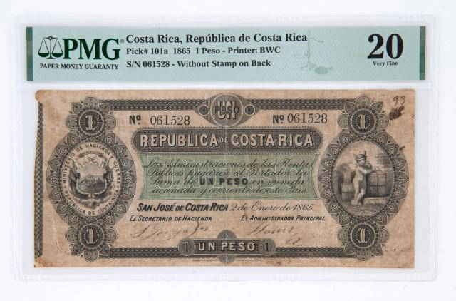 Costa Rica, Republica de Costa Rica 1865 Un Peso Pick# 101a PMG 20 ...