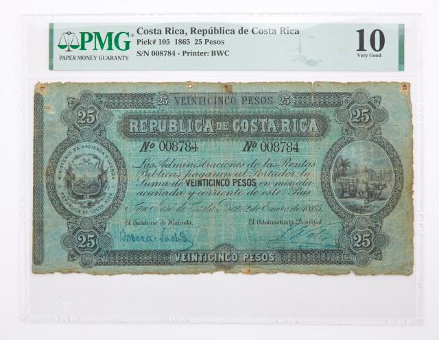 Costa Rica, Republica de Costa Rica 1865 Veinticinco Pesos Cancelled ...