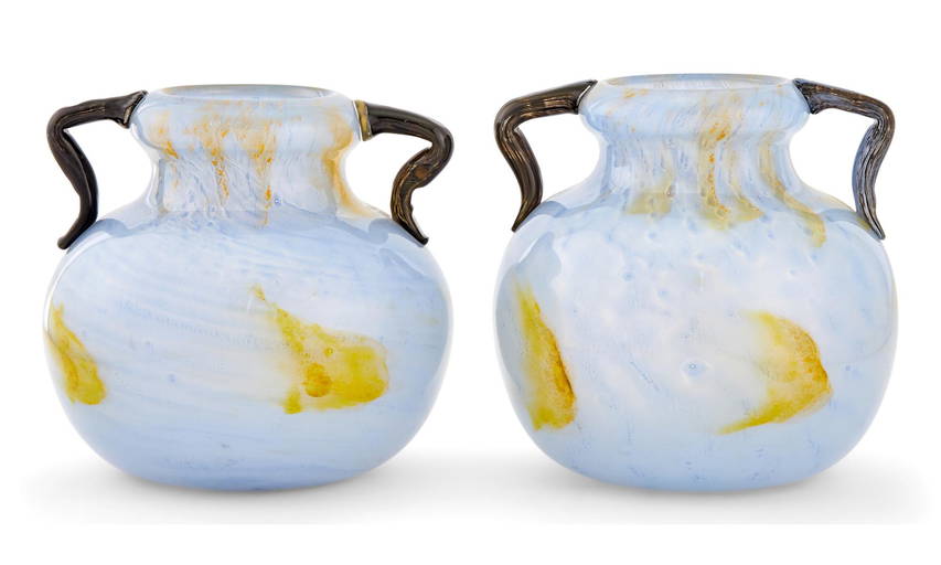 Two Similar Kimble Glass Co. Art Deco Cluthra Glass Two Handled Vases