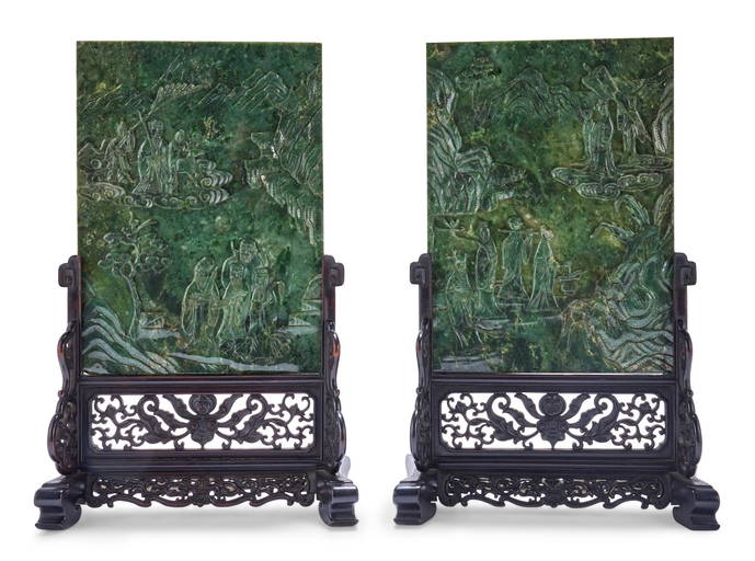 A Large Pair of Chinese Gilt Decorated Spinach Jade Table Screens - Dec ...