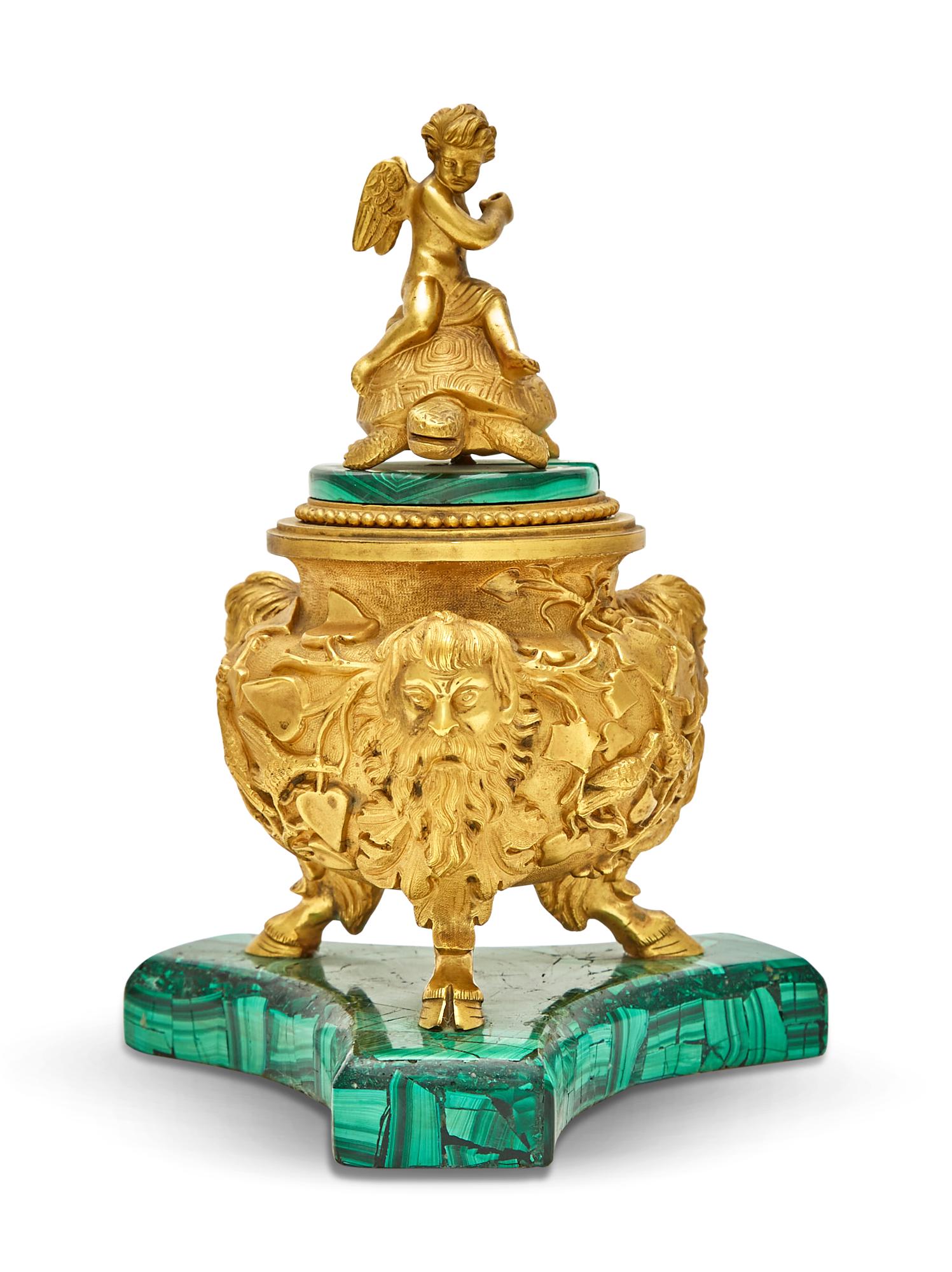 Russian Neoclassical Style Gilt Bronze And Malachite Inkwell
