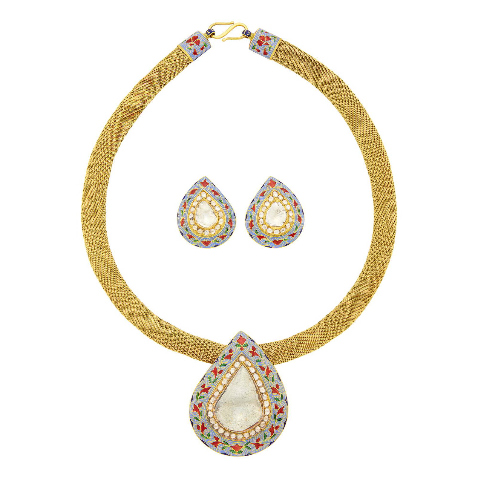 Indian Gold, Foil-backed Diamond And Multicolored Enamel Mesh Pendant ...