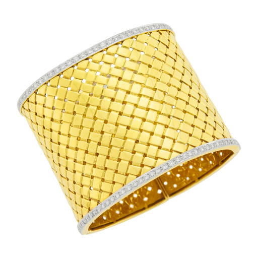 Two Color Gold And Diamond Basketweave Cuff Bangle Bracelet