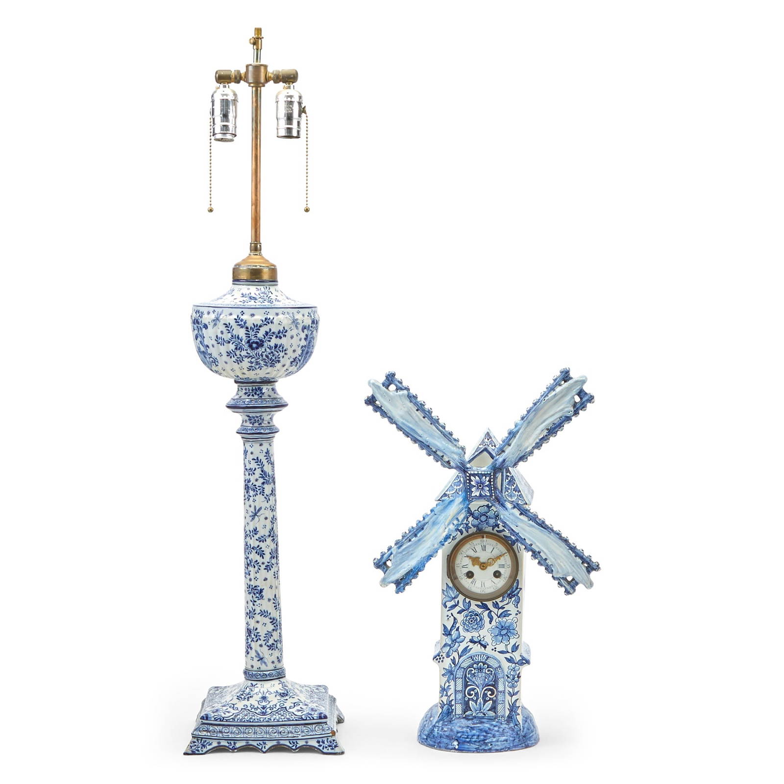Dutch Delft Windmill Clock Together With A Delft Style Table Lamp Auction