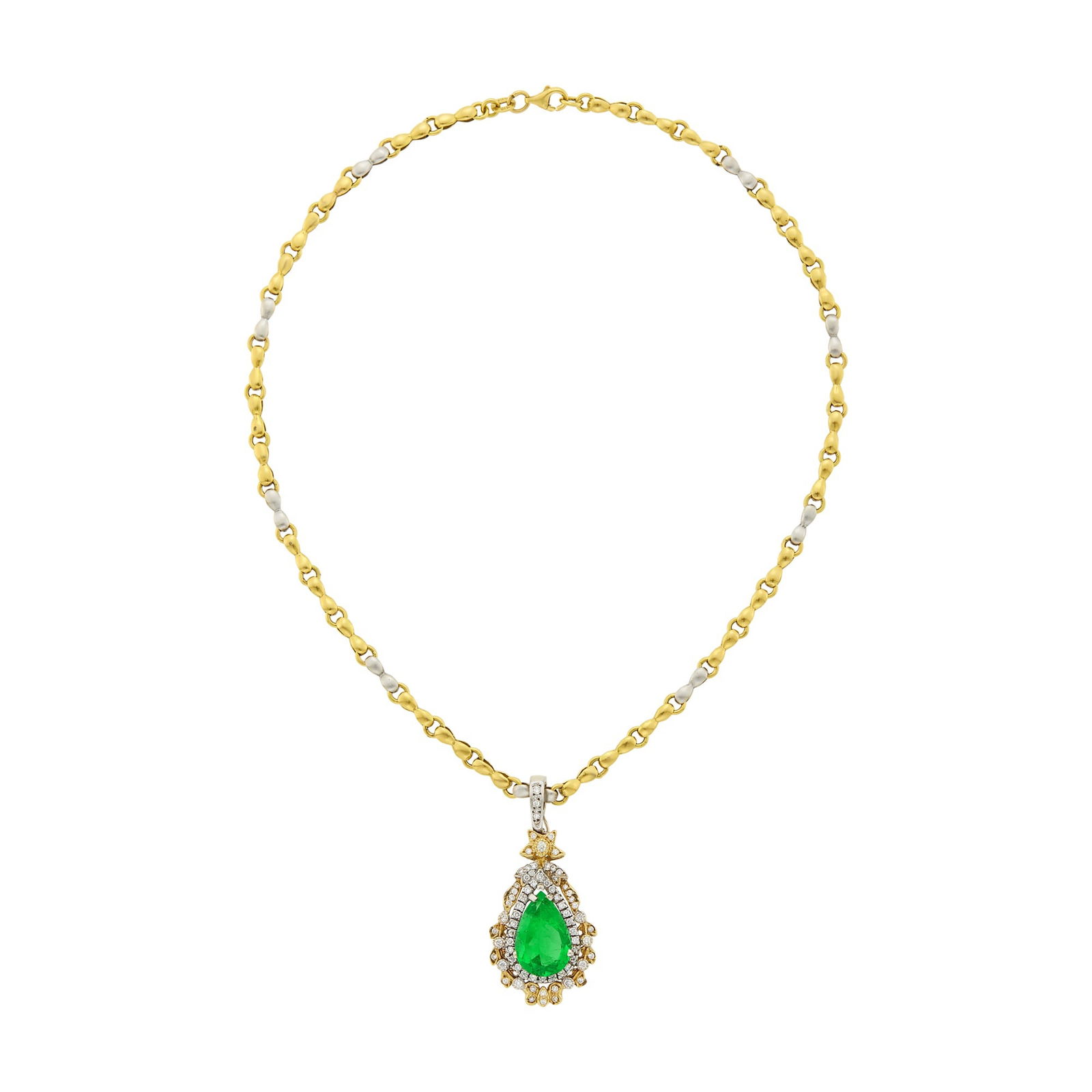 Two-color Gold, Emerald And Diamond Pendant With Two-color Gold Chain ...