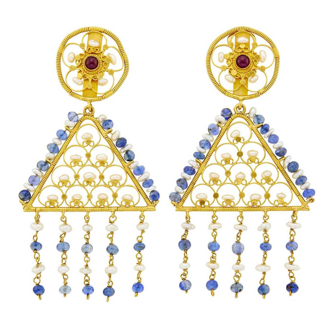 Ilias Lalaounis Pair Of Gold, Sapphire Bead, Cabochon Ruby And Freshwater Pearl Fringe Auction