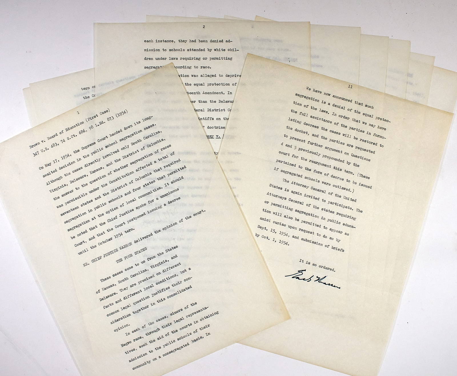 The Brown V. Board Of Education Opinion Signed By Chief Justice Earl ...