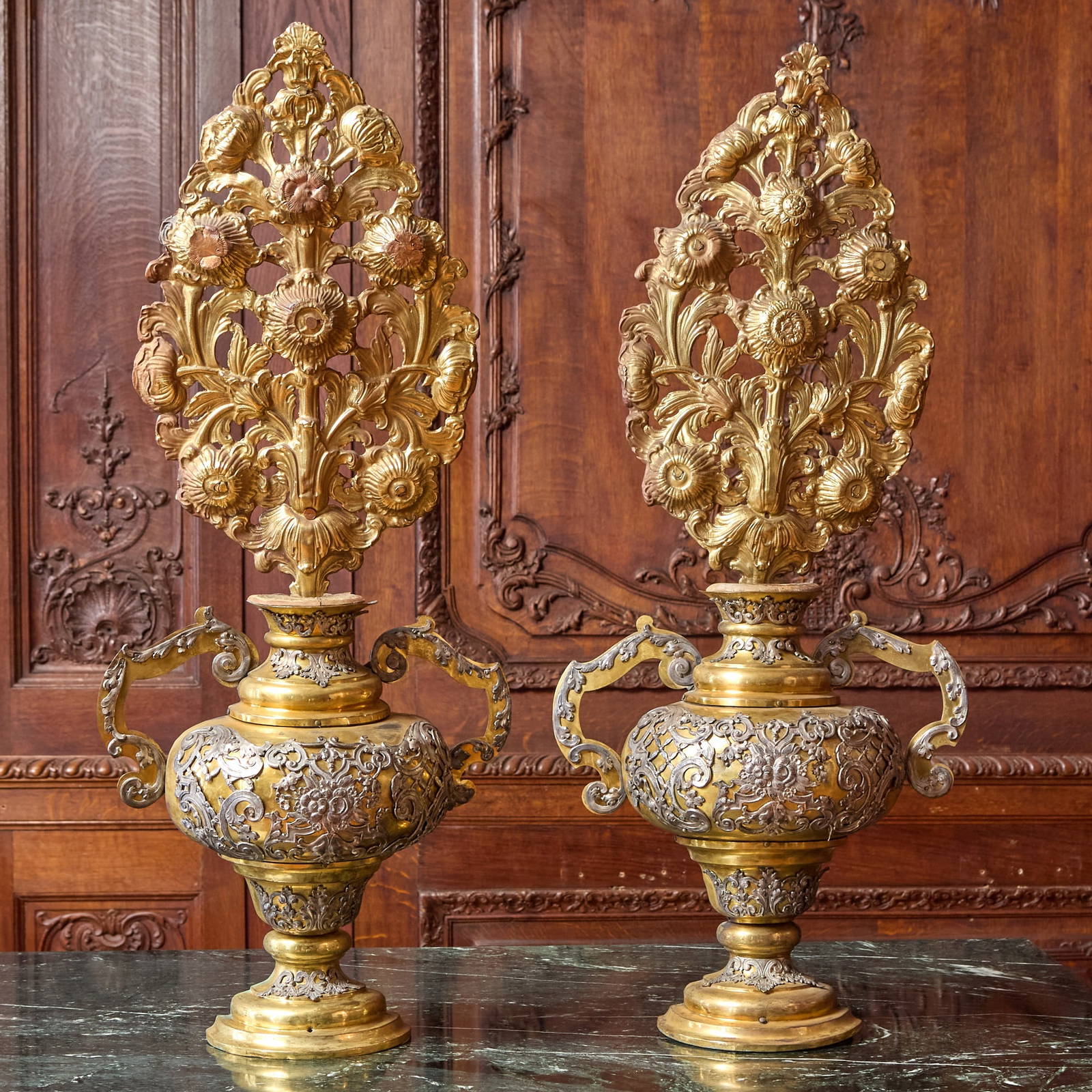 Pair Of Italian Baroque Silver And Brass Half Vases 18th Century Auction