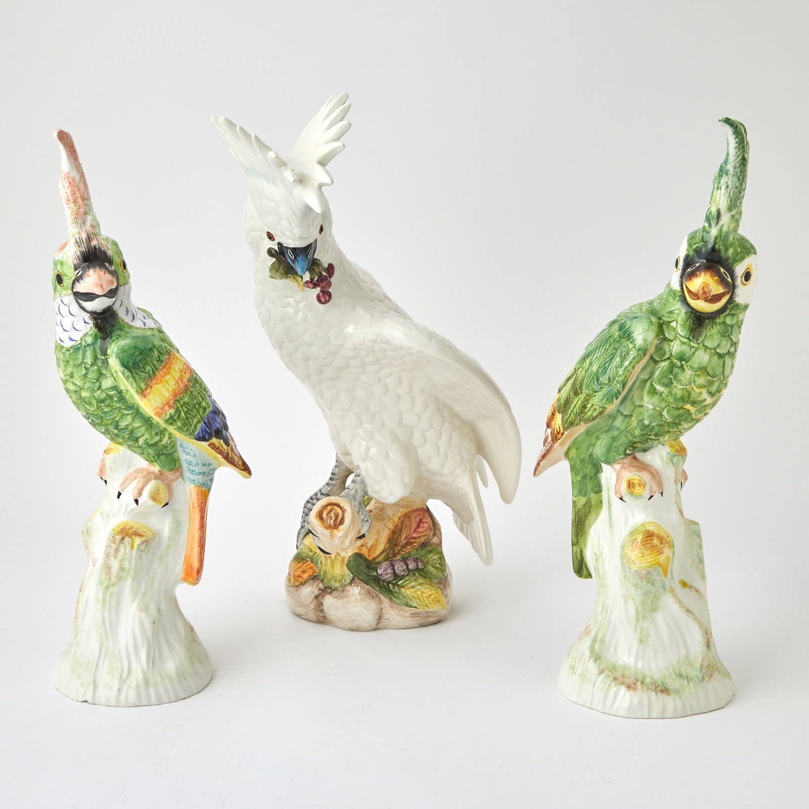 Pair Of Mottahedeh Ceramic Figures Of Cockatoos Together With A White ...