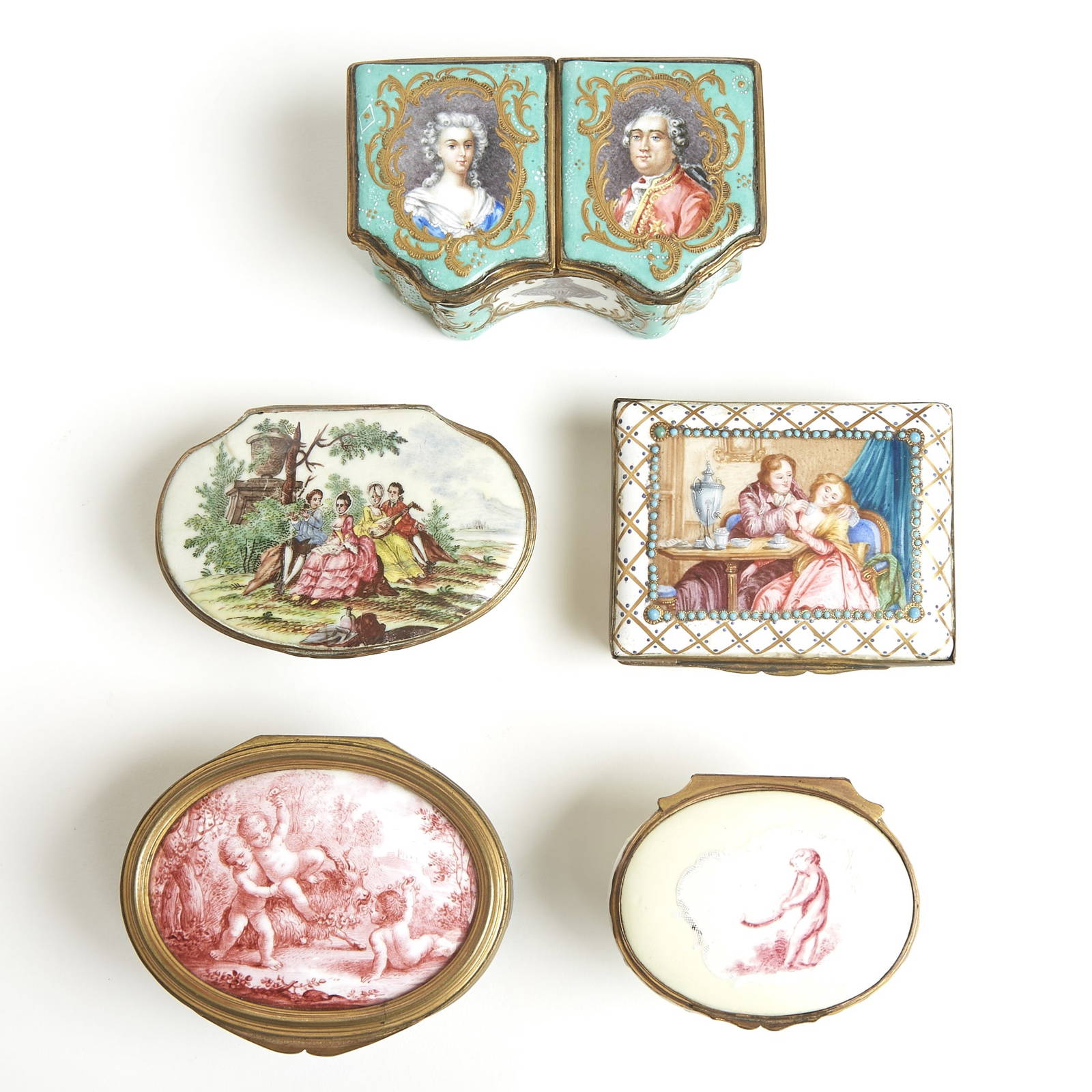 Five Enamel And Porcelain Snuff Boxes Auction