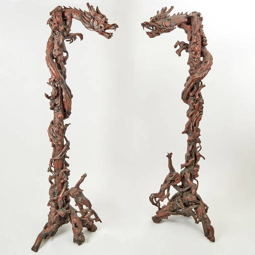 Pair Of Carved Root Sculptures Of Dragons