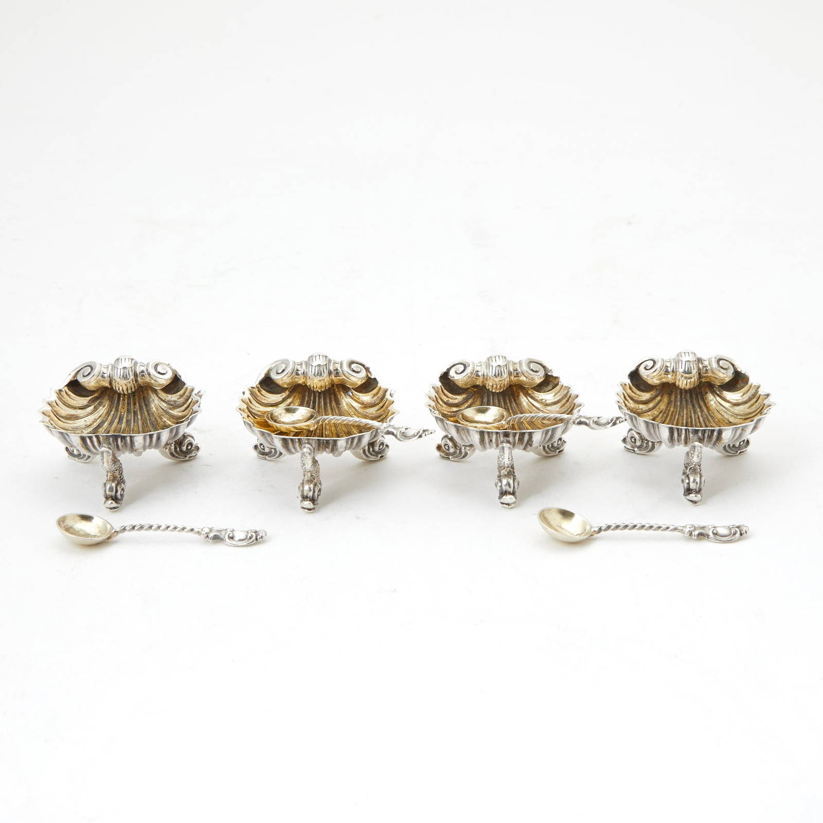 Set Of Four English Sterling Silver Shell-form Salts Together With A ...