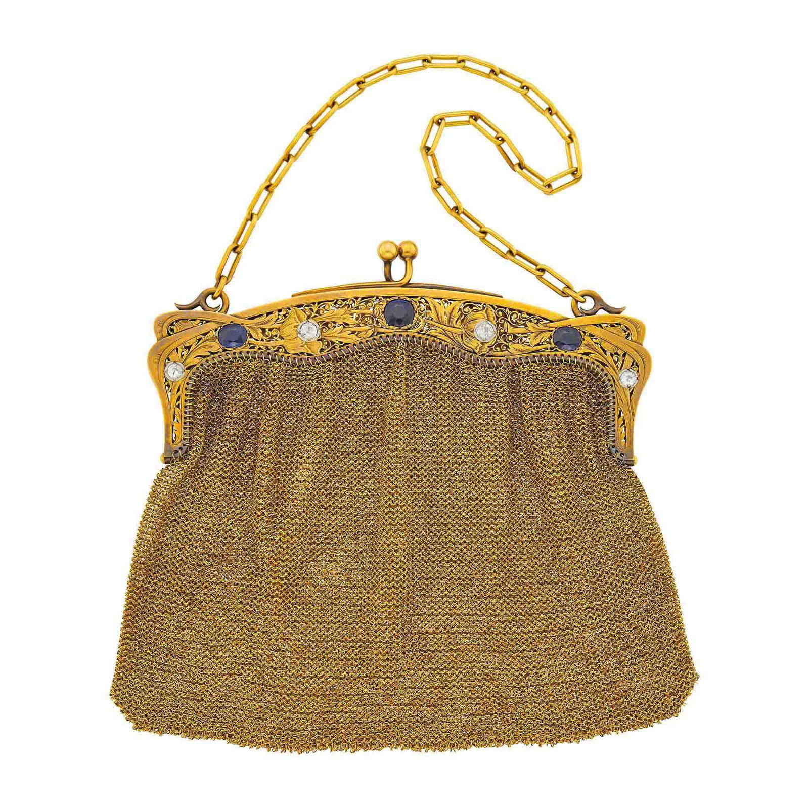 Antique Gold, Platinum, Sapphire And Diamond Mesh Purse With Carrying ...