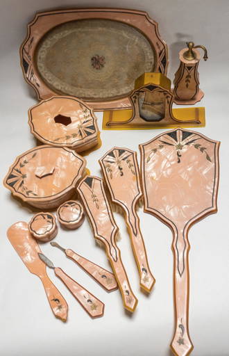 13 Piece Antique Pink Celluloid Dresser Set, Brushes,