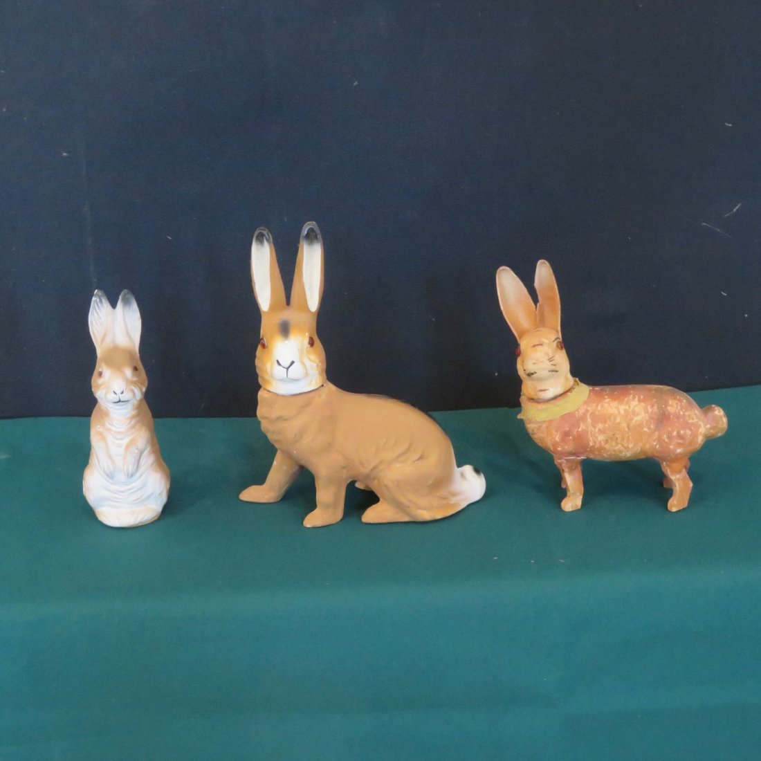 3 Rabbit Candy Containers, 2 Paper Mache And 1 Plaster