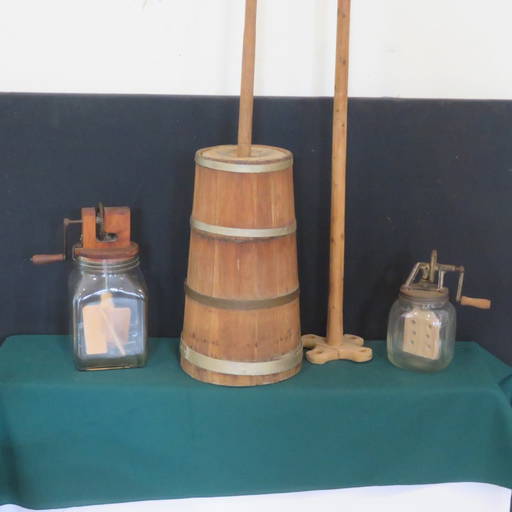 2 Glass Churns And 1 Wooden Churn With Extra Dasher