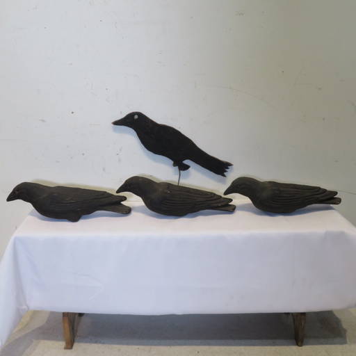3 Paper Mache Crow Decoys & 1 Wood Silhouette Crow