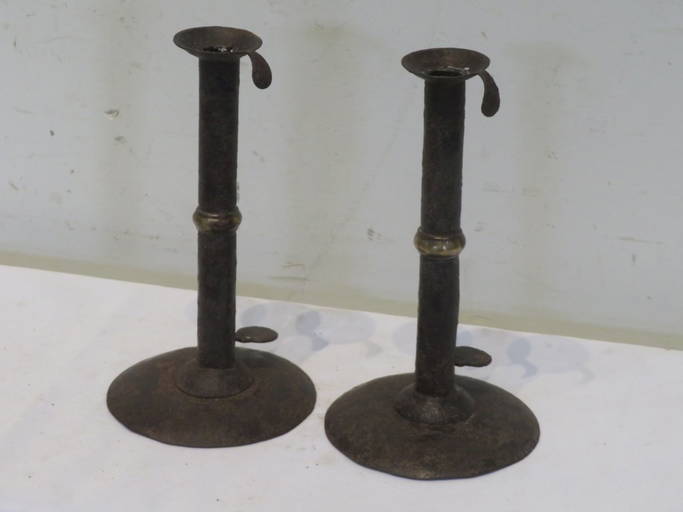 19th Century Iron Wedding Ring Hogscraper Candlesticks