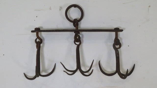 Wrought iron set of 3 hanging meat hooks (#0423) on Nov 28, 2022 | Davies Auctions in IN