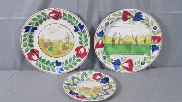 3 Stick Spatterware Plates With Rabbits Auction