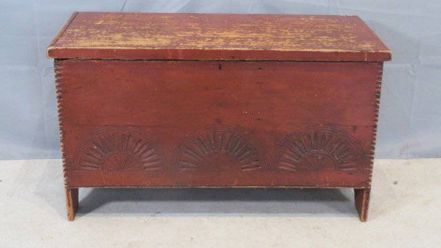 Diminutive 19th Century 6-board Chest In Worn Old Red Paint Auction