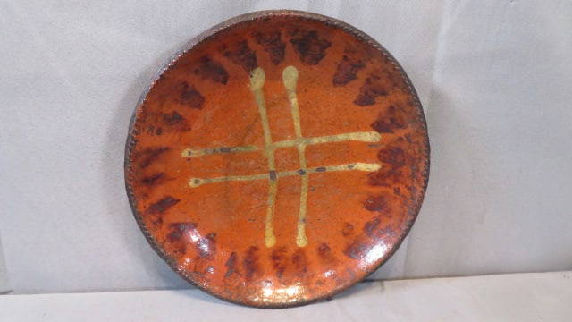 19th Century Pa Redware Plate With Yellow Slip & Unusual Black ...