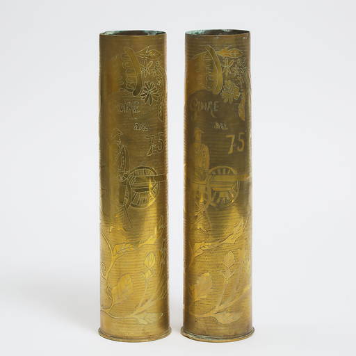 Pair Of Wwi Propaganda Trench Art Decorated 'french 75' Fie