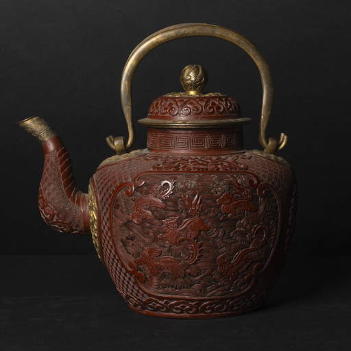 A Red Lacquer 'Twin-Lion' Teapot with Gilt Copper Fittings, (#0104) on ...