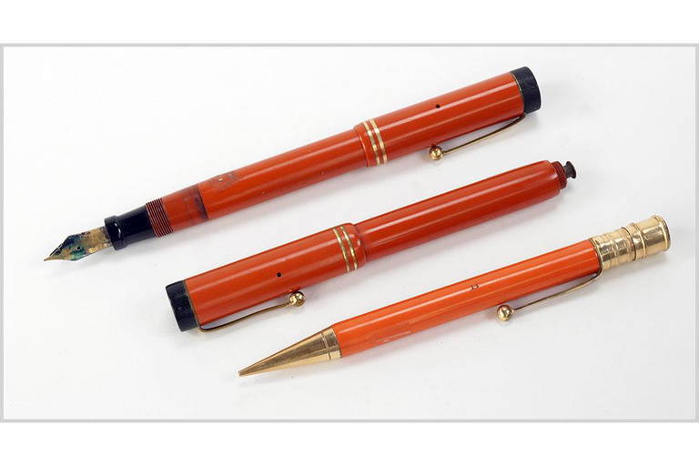 Parker Duofold Orange Fountain Pens And Pencil.