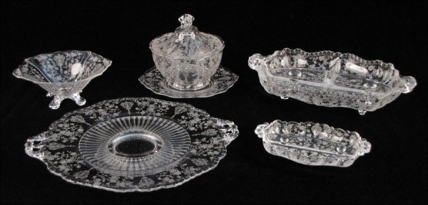 762081: CAMBRIDGE ETCHED GLASS IN THE ROSEPOINT PATTERN