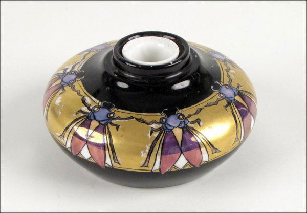 LIMOGES GILT PORCELAIN INKWELL DECORATED WITH CICADAS.