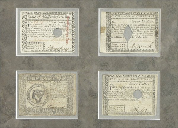 Four Piece Group Of Colonial Paper Currency.