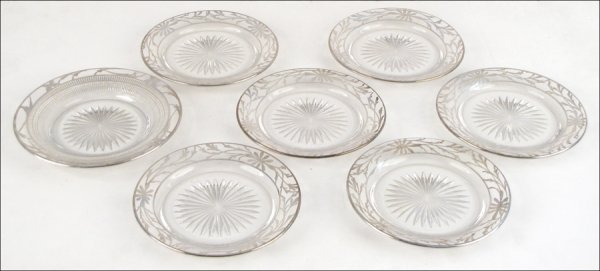 824021: SET OF SIX CUT GLASS BREAD PLATES WITH STERLING