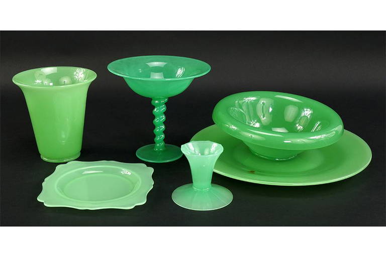A Collection Of Green Opaline Glass.