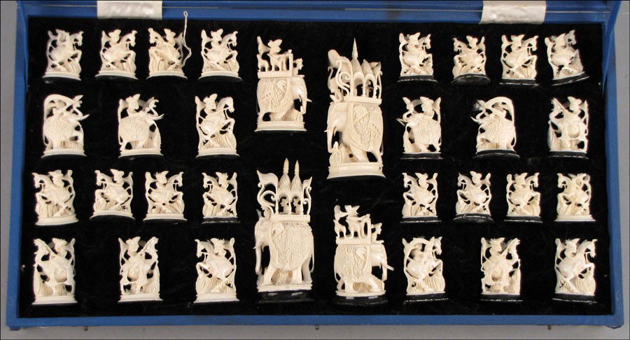 Indian Carved Ivory Chess Set.
