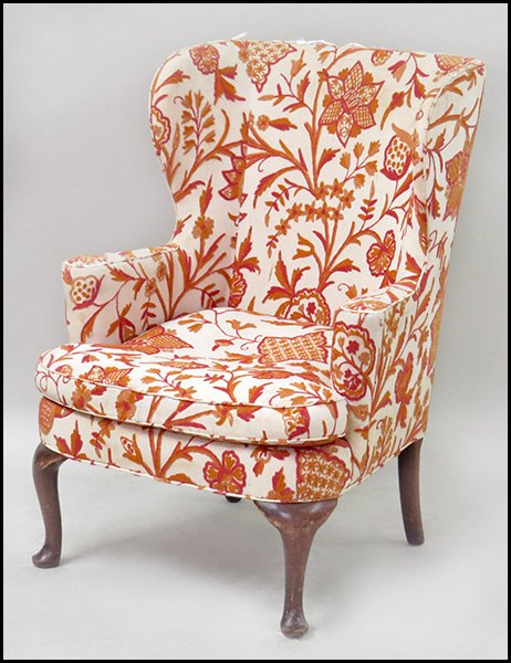 CREWEL UPHOLSTERED WINGBACK CHAIR.