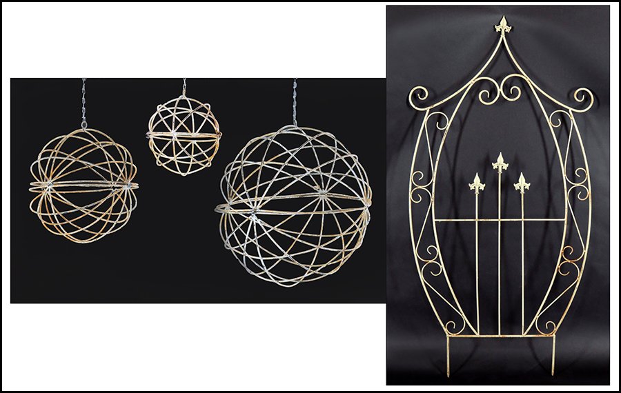 GROUP OF THREE PAINTED METAL GRADUATED HANGING ORBS.