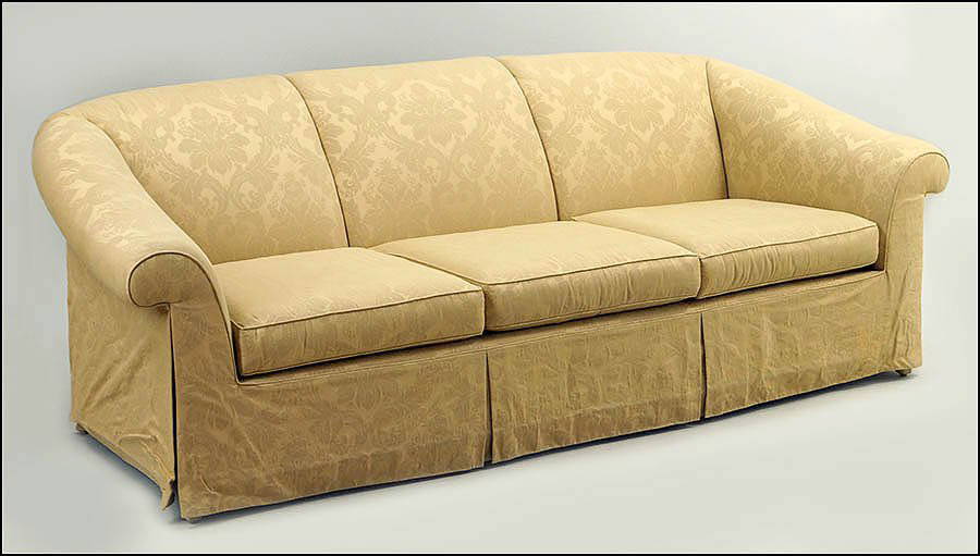 Contemporary Damask Upholstered Three Cushion Sofa.