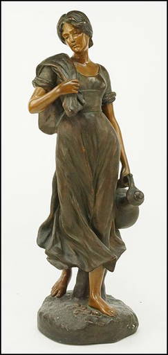 A Painted Plaster Figure Of A Woman Holding An Urn.