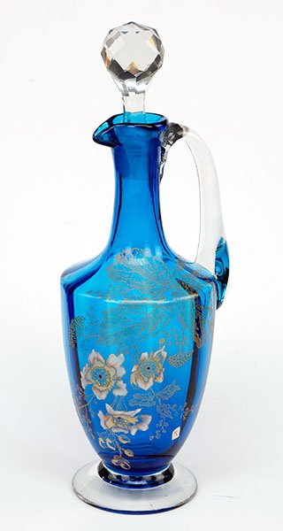 A Moser Enameled Blue Glass Decanter.