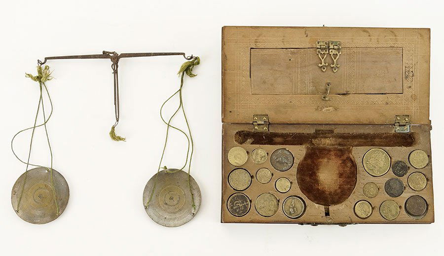 A 17th Century Money Changer's Weight and Scale Set.