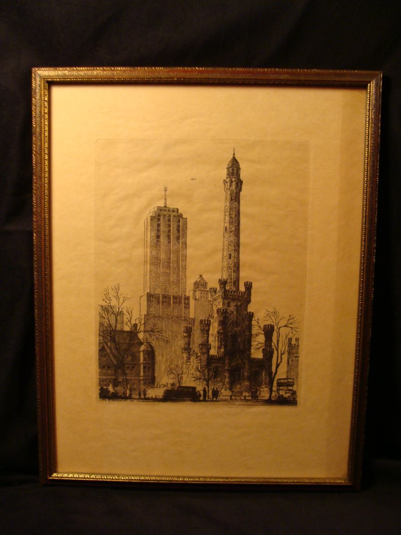 Antique Etching Chicago Scenes Leon R Pescheret 1931 #2