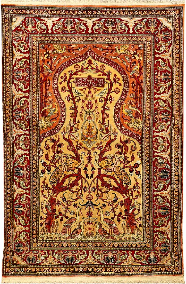 Fine Silk & Metal-Thread Hereke Rug (Signed),
