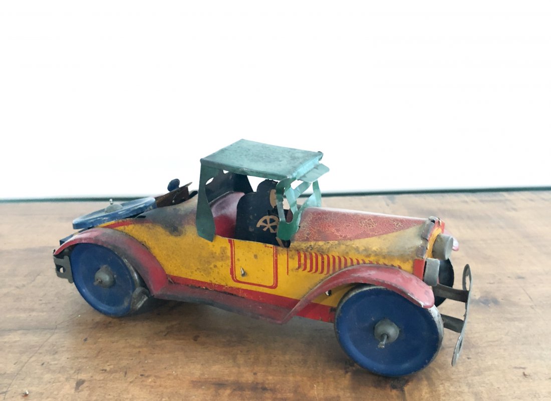 C. 1920s COLORFUL TIN WIND-UP COUPE W RUMBLE SEAT