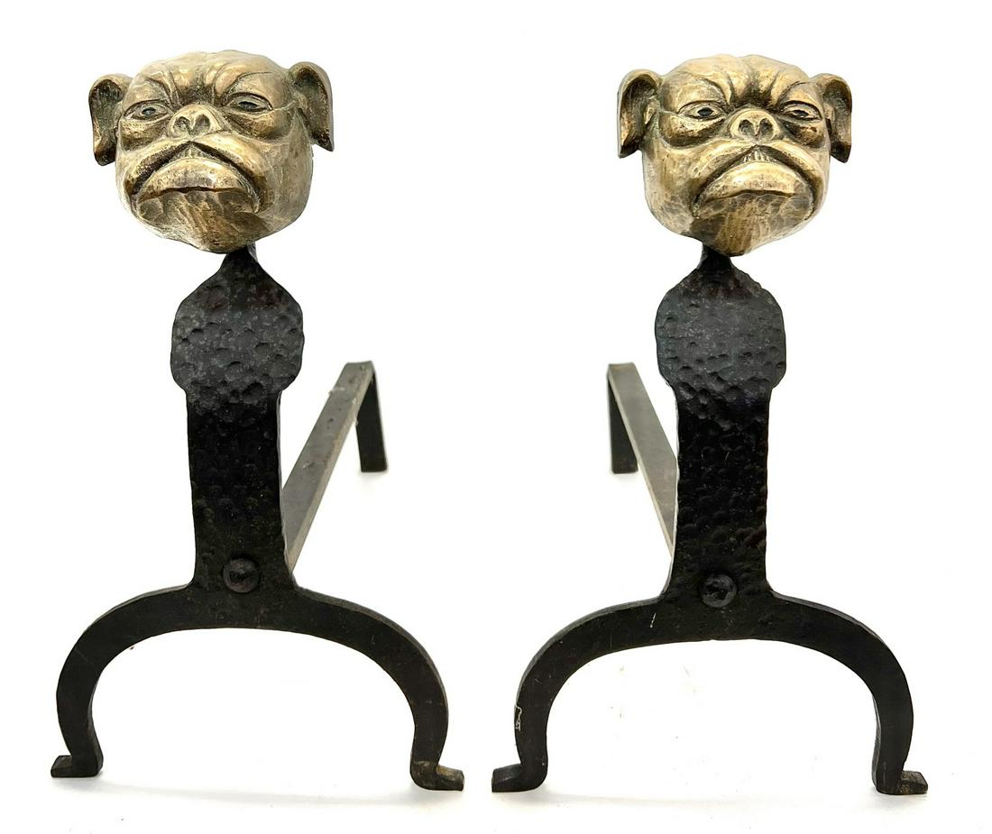Pair Of Brass & Cast Iron Bull Dog Andirons