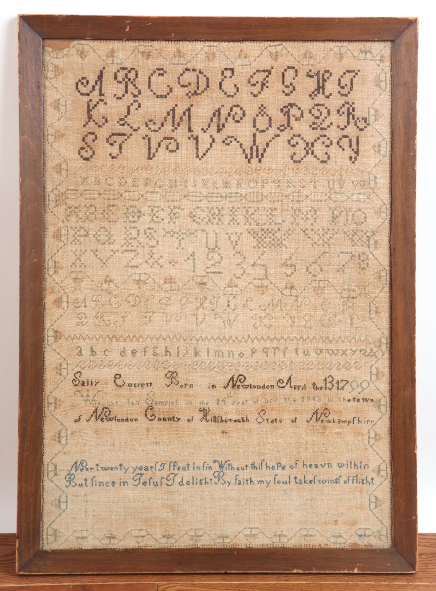 1813 New Hampshire Sampler By Sally Everett Auction