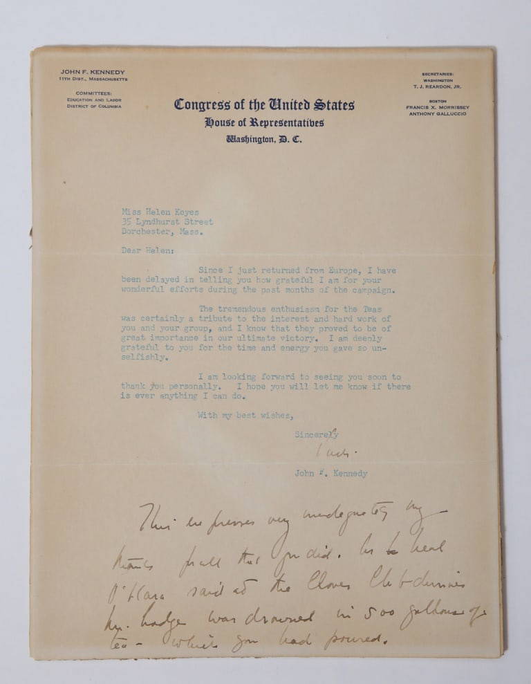 1952 John F. Kennedy Letter To Ms. Helen Keyes Auction
