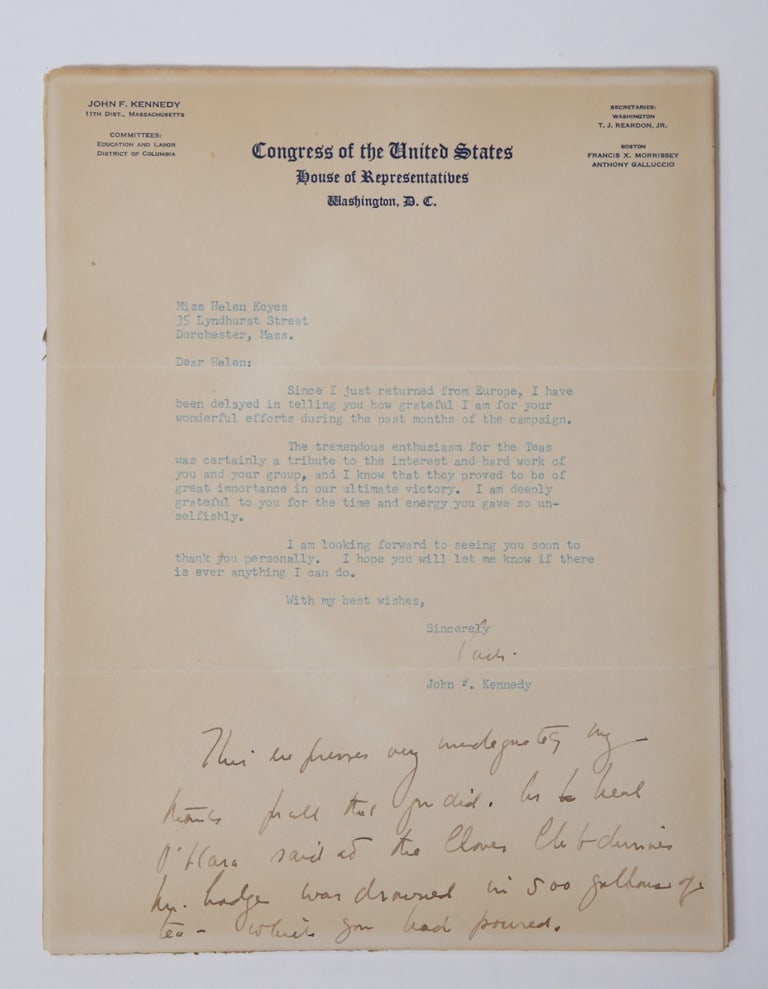 1952 John F. Kennedy Letter To Ms. Helen Keyes Auction