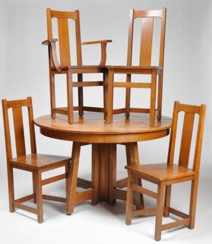 Limberts Mission Oak Round Dining Table With Six D