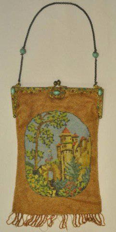 Large Antique Micro Beaded Scenic Castle Purse